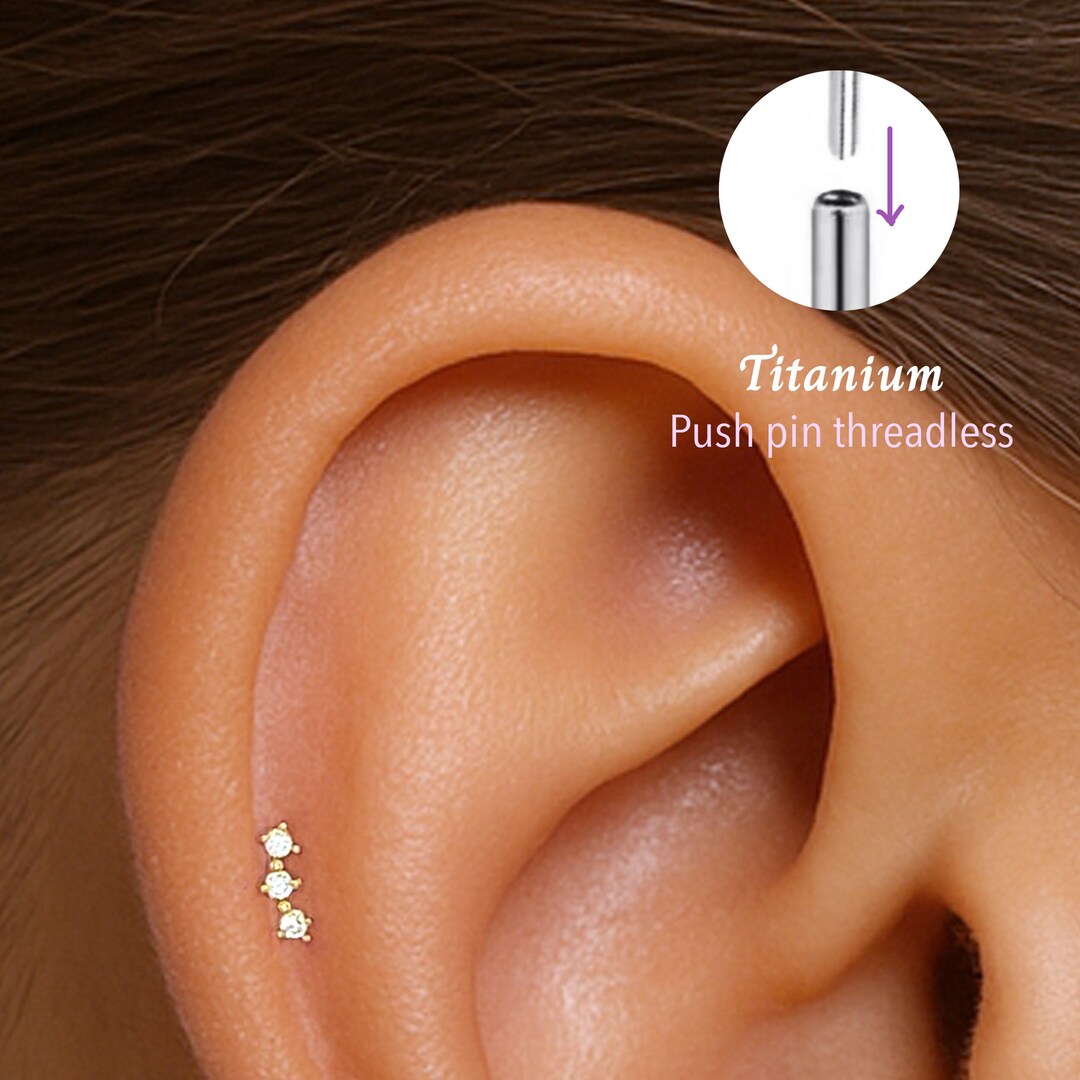 20G/18G/16G Three Cz Push Pin Threadless Labret • Cartilage Earring ...