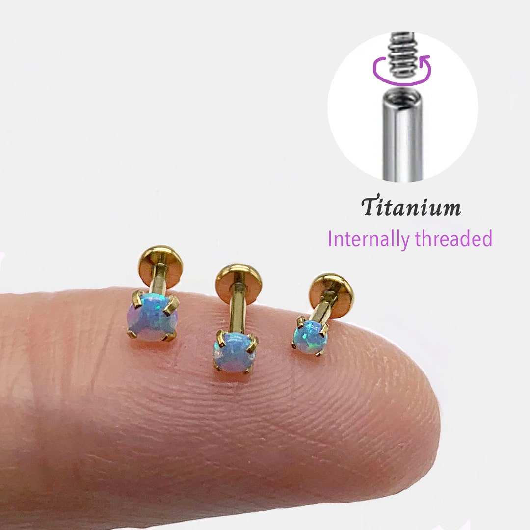 18G/16G Blue Opal Threaded Labret Stud Cartilage Earring Tragus Conch ...