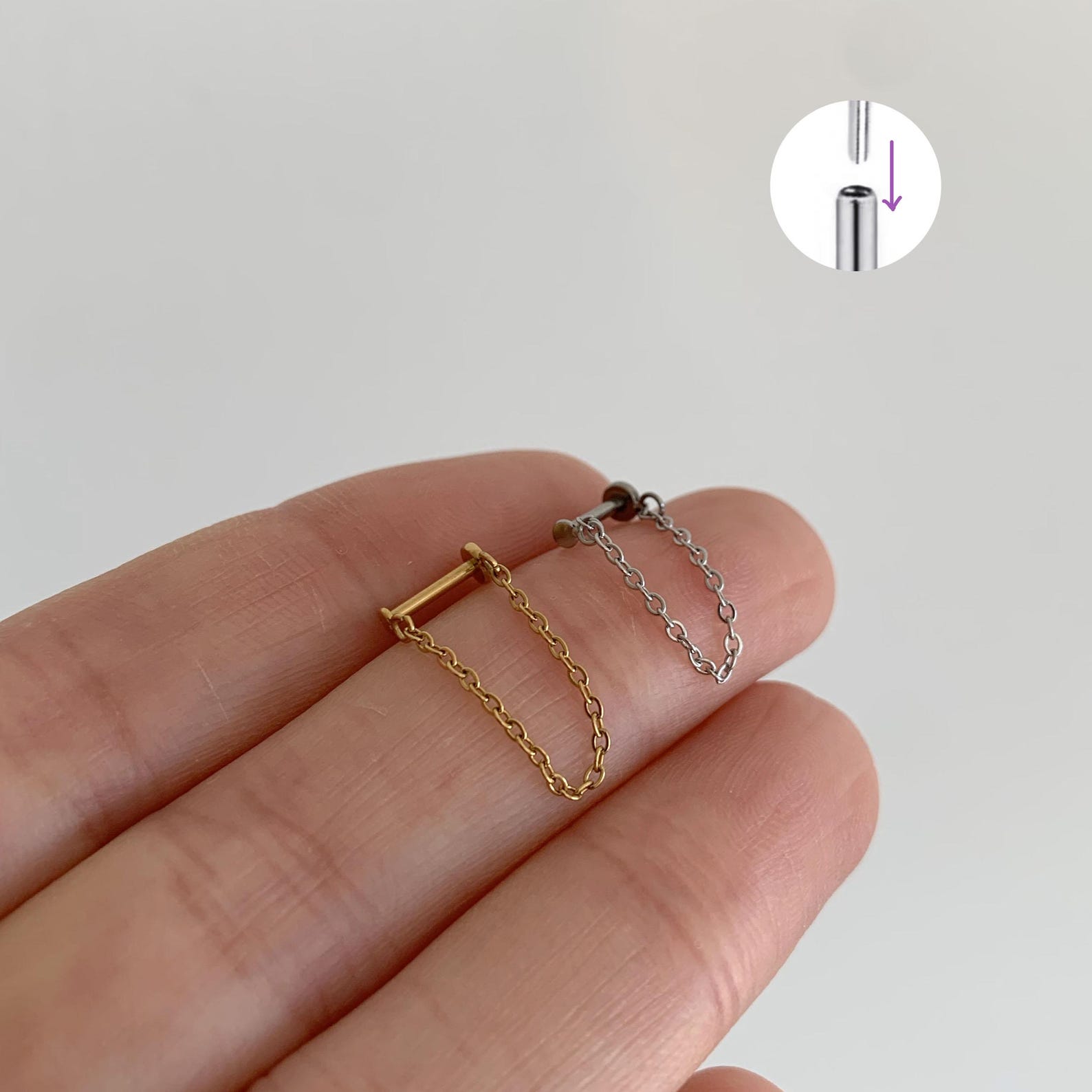 18G Chain Push Pin Threadless Labret • Cartilage Earring • Tragus ...