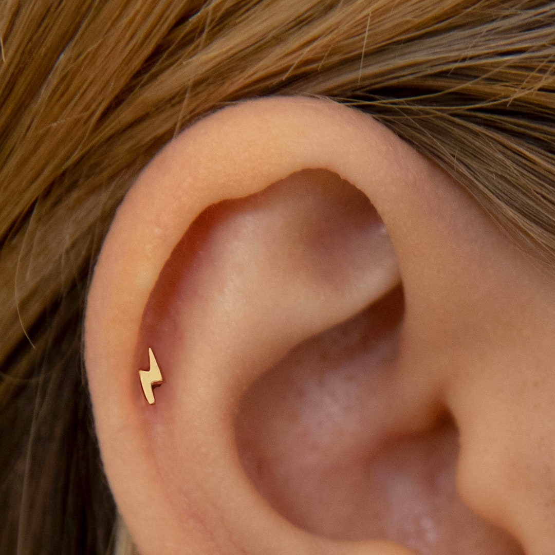 G23 Titanium • Lightning Bolt Stud • Tiny Cz Stud Earring • Minimalist ...