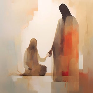 Jesus Heals the Bleeding Woman, Golden Beige, Digital Print, Woman With ...