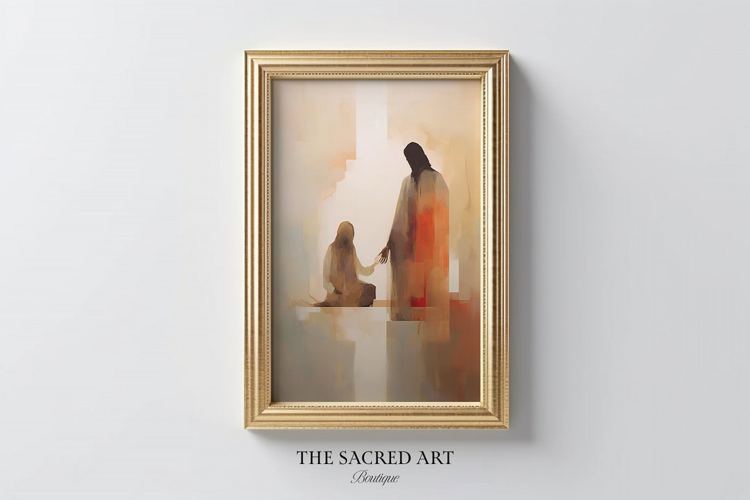 Jesus Heals the Bleeding Woman, Golden Beige, Digital Print, Woman With ...