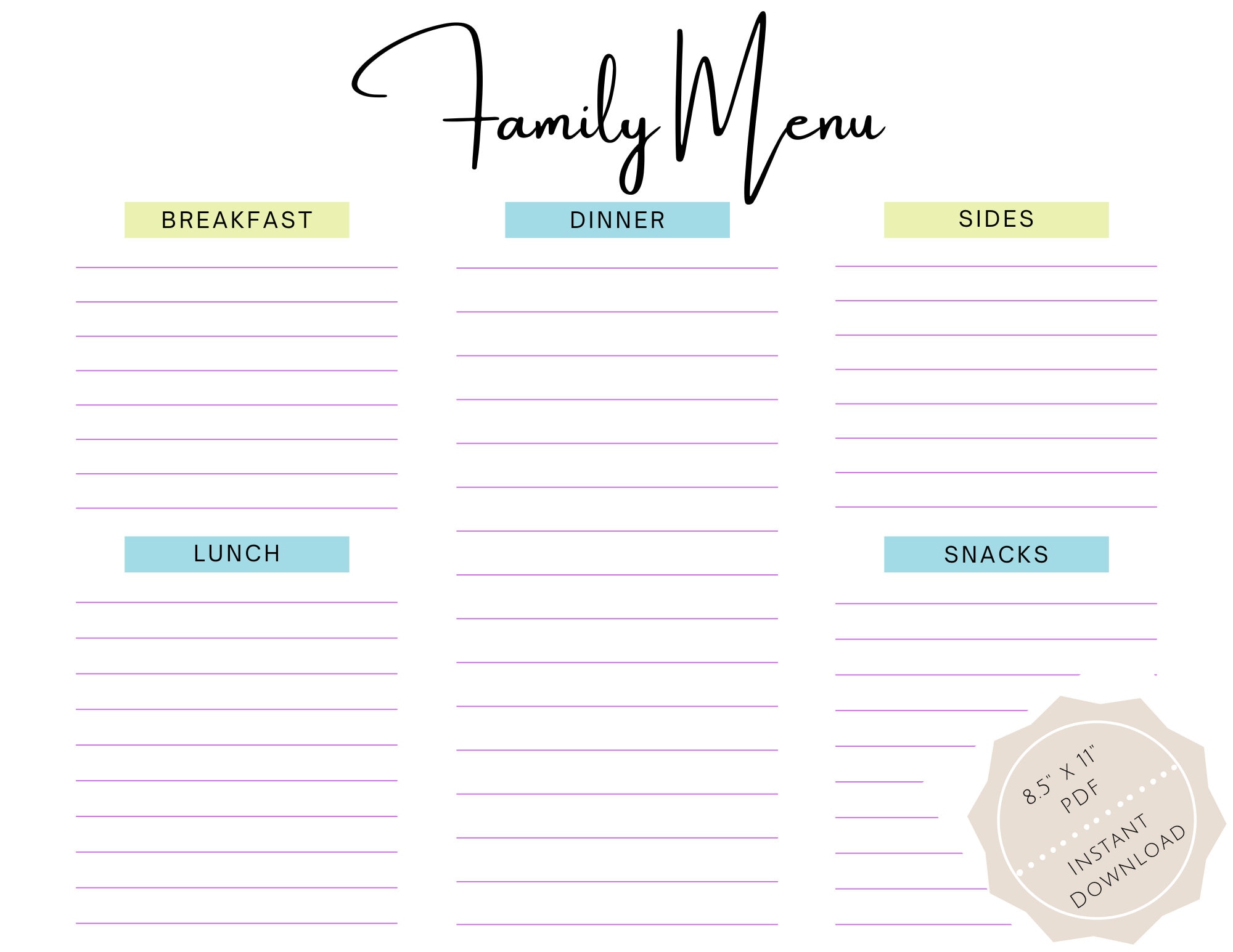 Family Menu for Meal Planning - Etsy