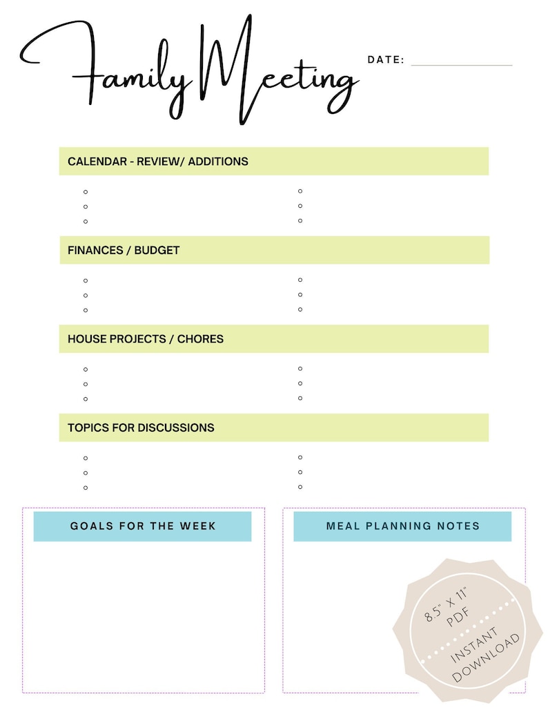 Family Meeting Agenda, Family Meeting Guide - Etsy