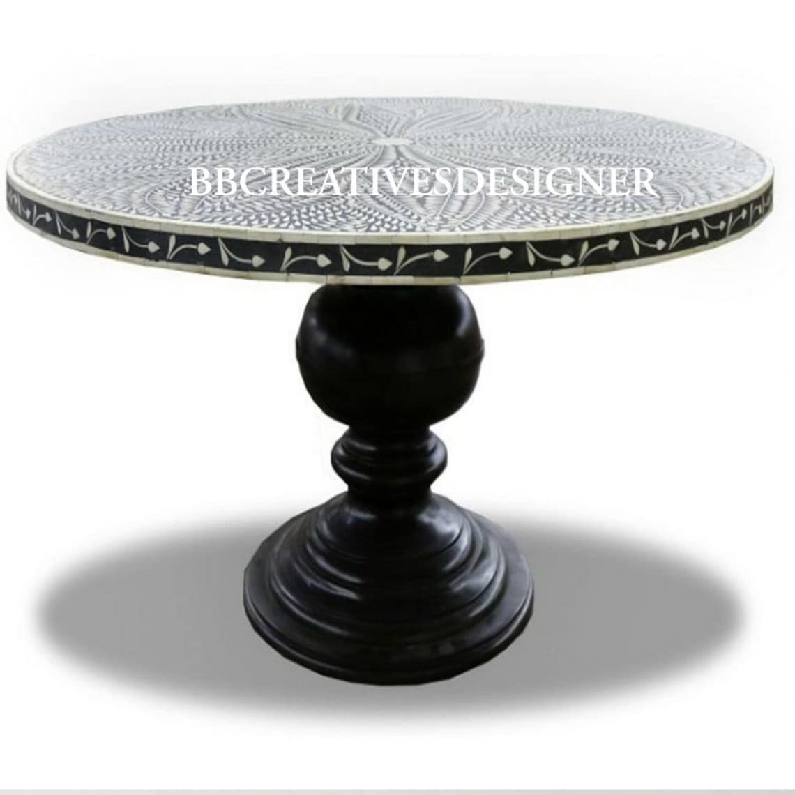 Handmade Wooden Bone Inlay Dining Table / Round Dining Table in Floral ...