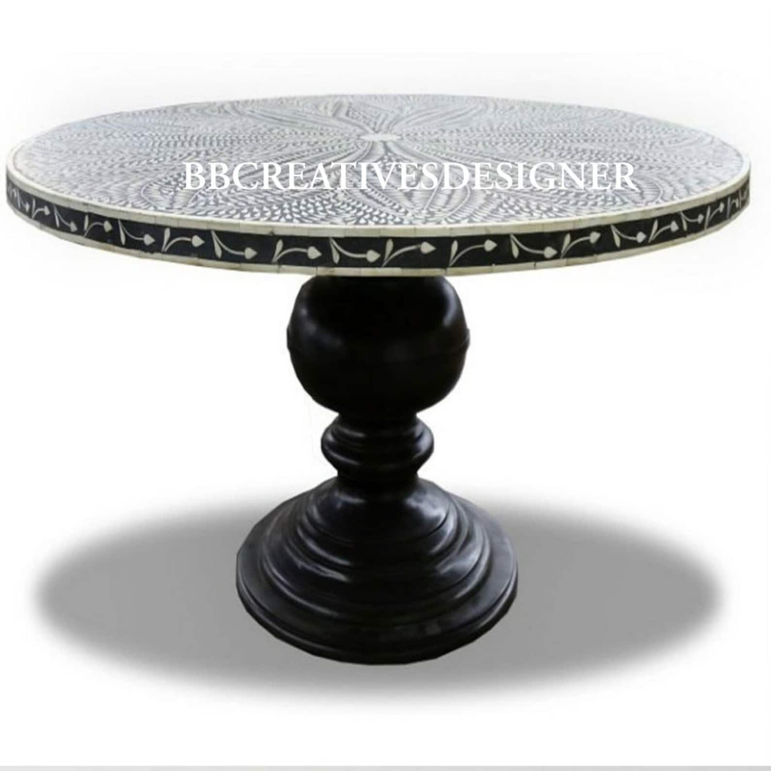 Handmade Wooden Bone Inlay Dining Table / Round Dining Table in Floral ...