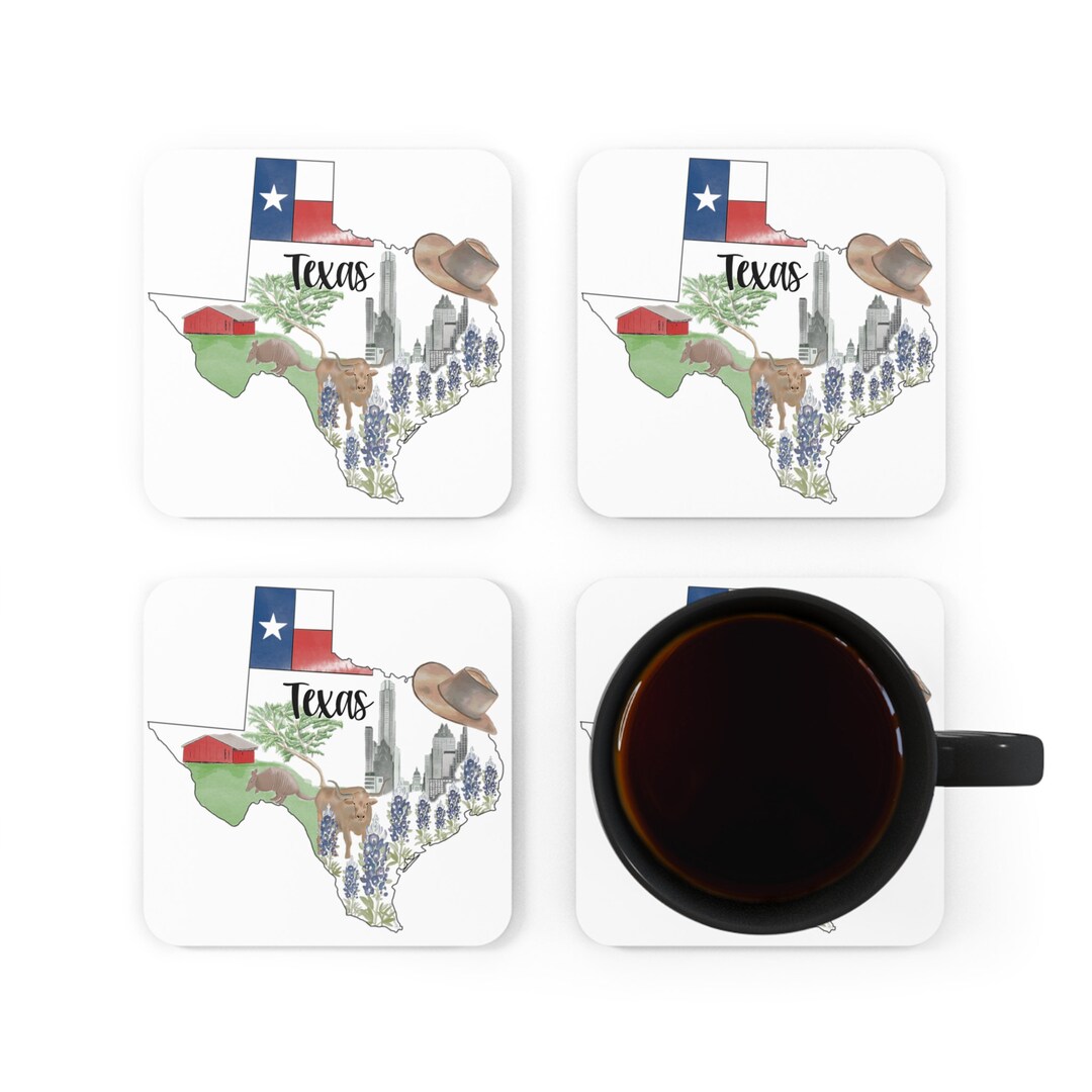 Texas State Corkwood Coaster Set Hand-painted Digital Art Print Coaster ...