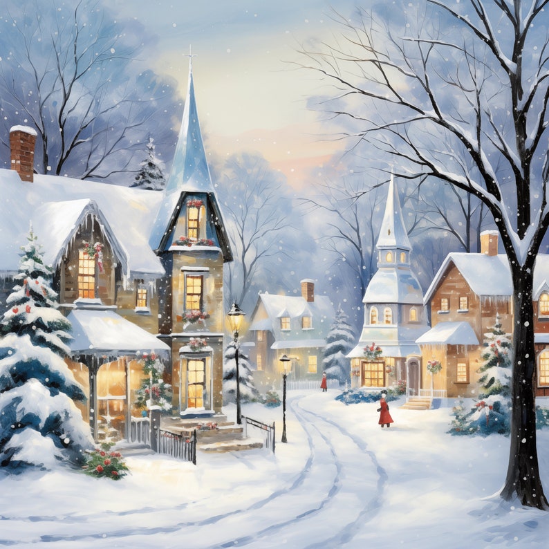 Christmas Village Art Prints: Snowy Holiday Decor, Set of 4 (digital ...