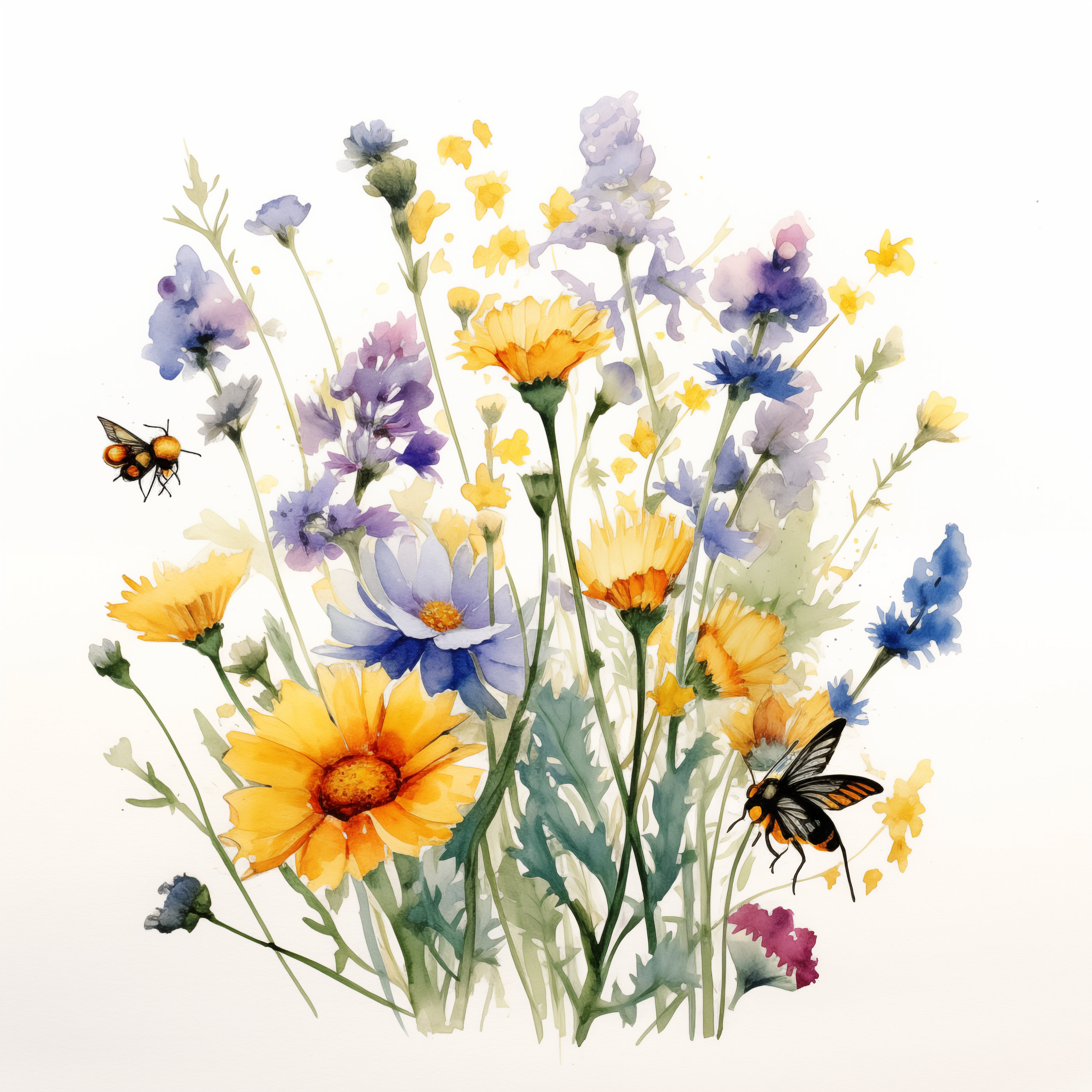 Set of 4 Watercolor Wildflower Prints - Digital Botanical Art ...