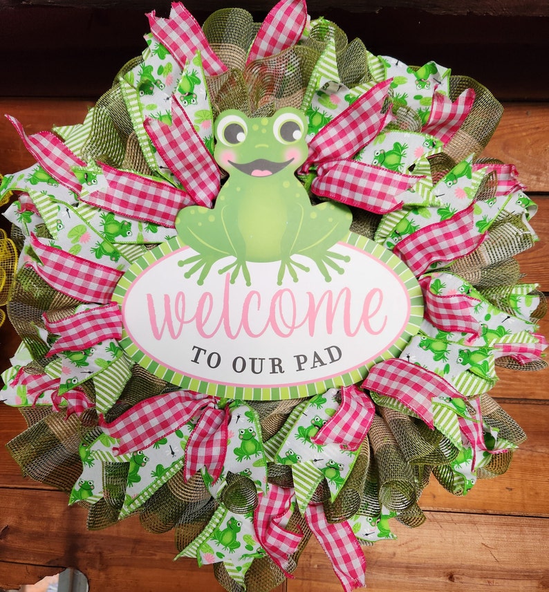 Green & Pink Frog Sign Deco Mesh Ribbon Wreath Front Door - Etsy