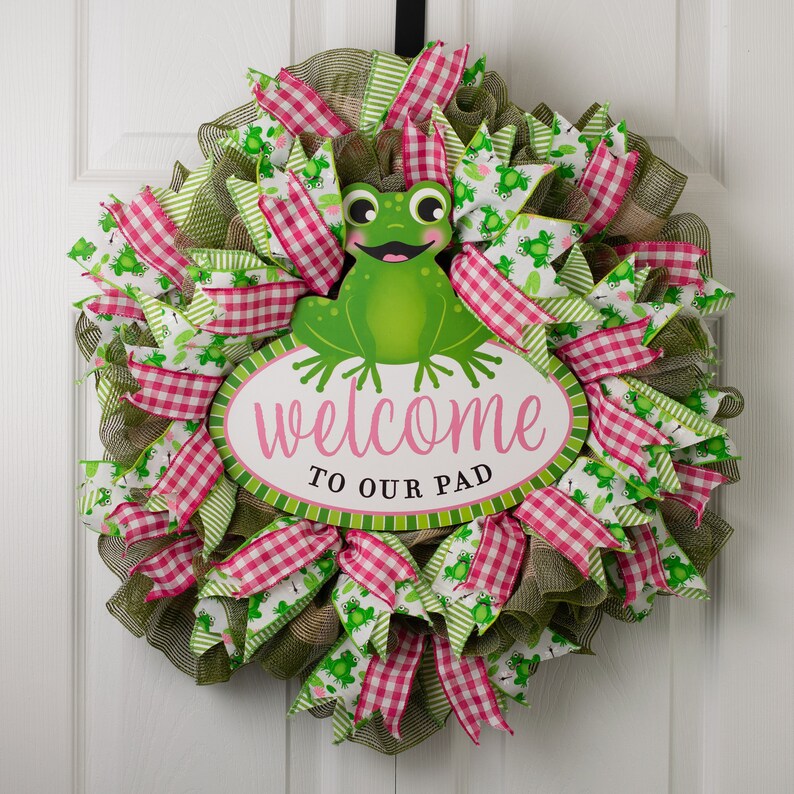 Green & Pink Frog Sign Deco Mesh Ribbon Wreath Front Door - Etsy