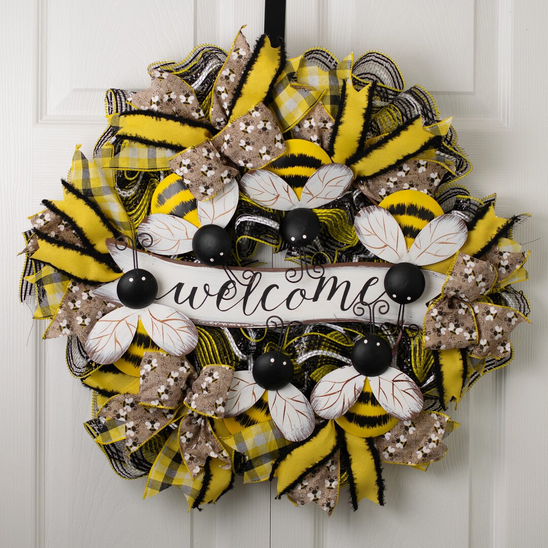 Bumble Bee Honey Bee Hive Ribbon Wreath Black & Yellow Front Door - Etsy