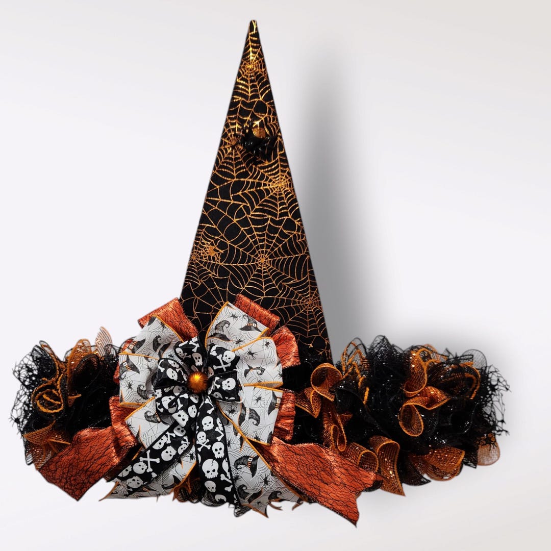 Witch Hat Halloween Front Door Wreath Orange Black - Etsy