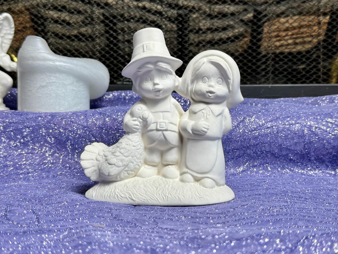 Vintage Ceramic Pilgrims Figurine Unpainted Ceramic Bisque Pilgrim Boy ...