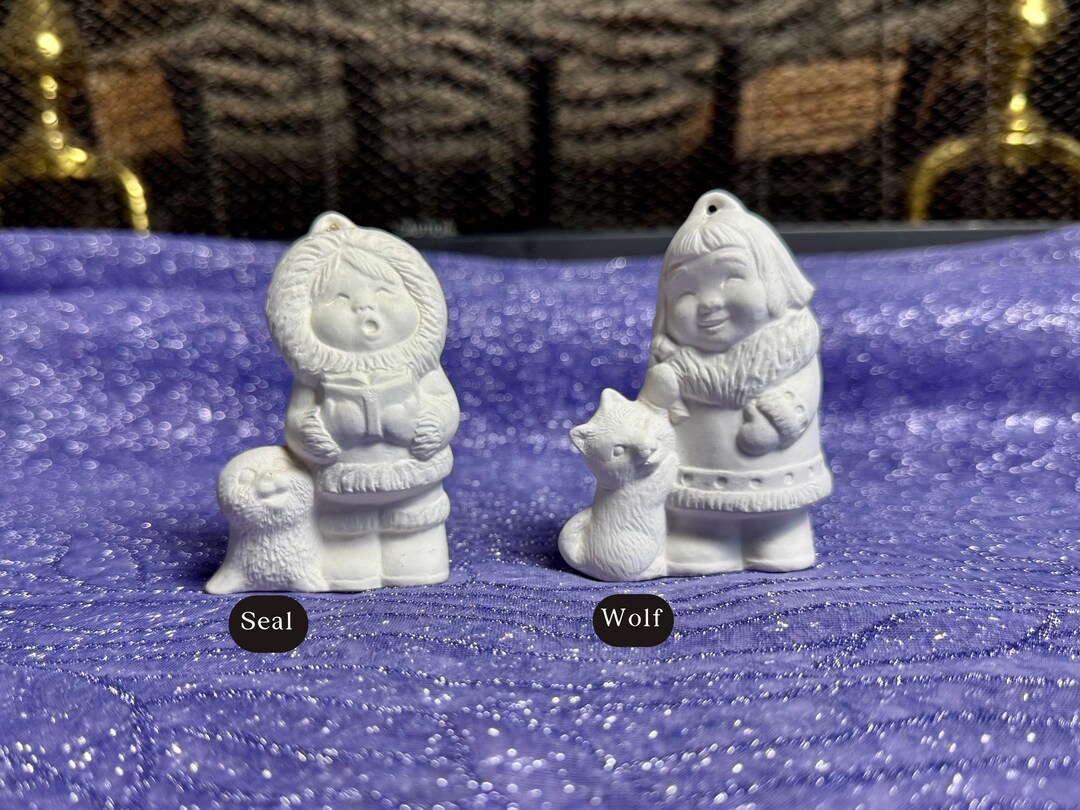 Ceramic Eskimo Children Ornament, Ready to Paint Bisque Seal and Wolf ...