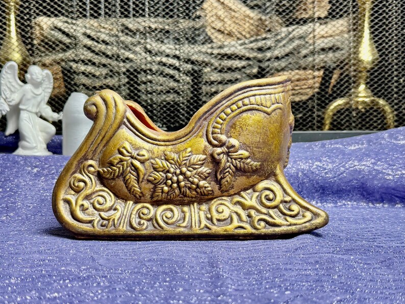 Vintage Ceramic Sled Planter, Gold Santa Sled Candy Dish, Christmas ...