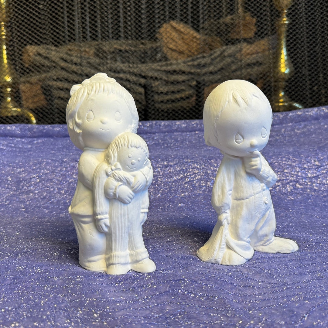 Ceramic Girl and Boy Statues in Pjs, Unpainted Ceramic Children ...