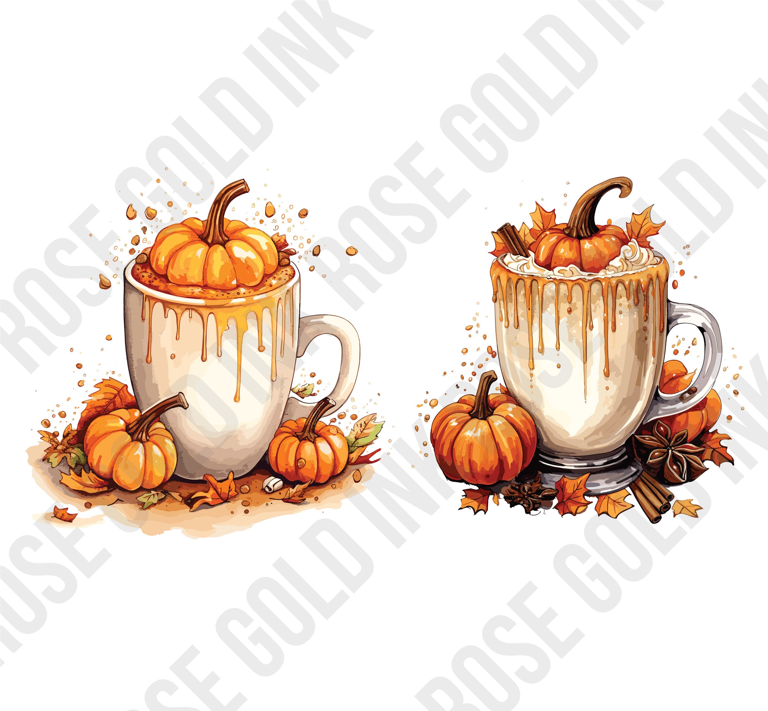Pumpkin Spice Coffee Clipart Pack, Transparent Background, Watercolor ...