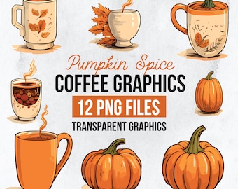 Pumpkin Spice Coffee Clipart Pack, Transparent Background, Watercolor ...
