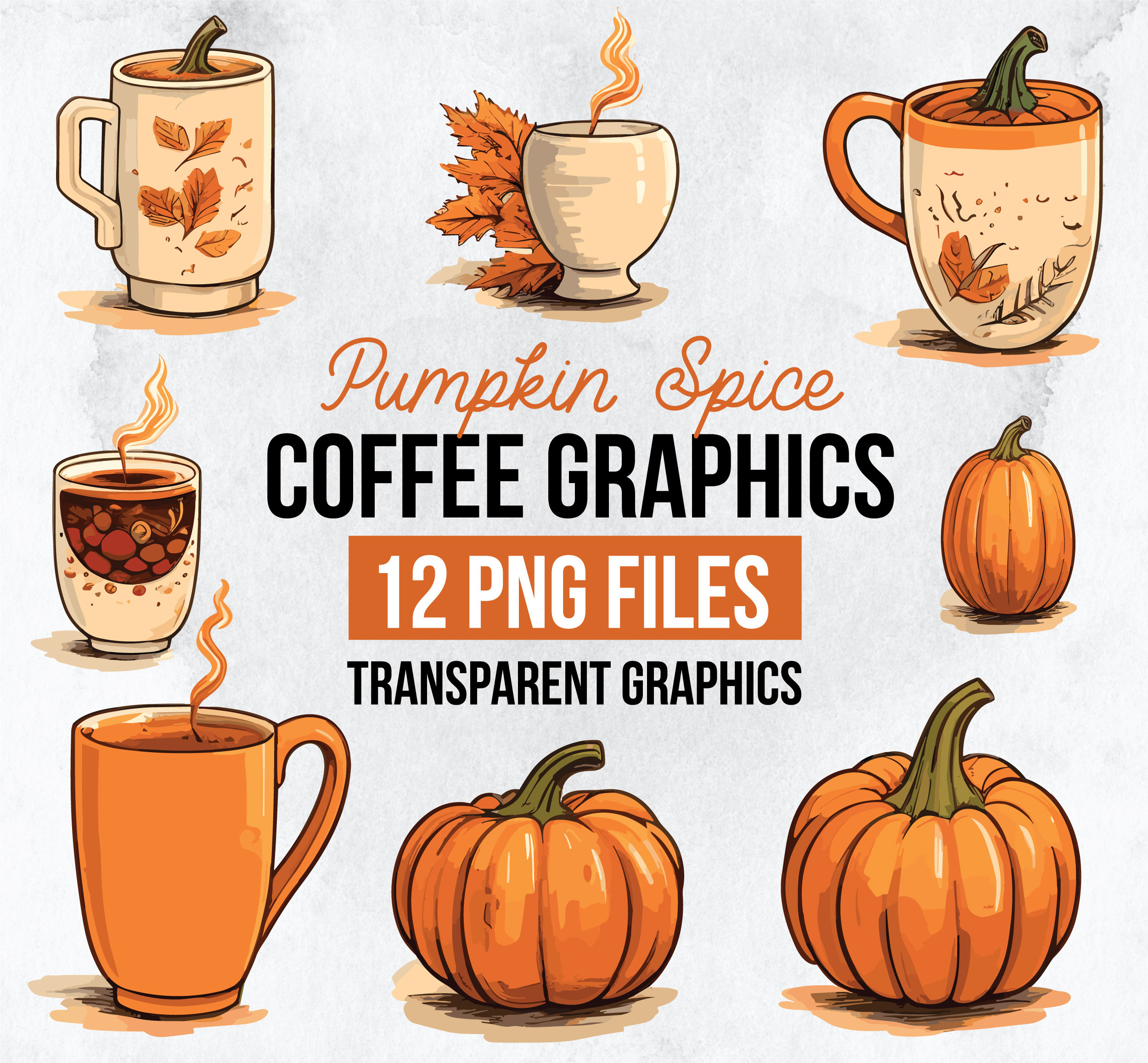Pumpkin Spice Coffee Clipart Pack, Transparent Background, Pumpkin ...