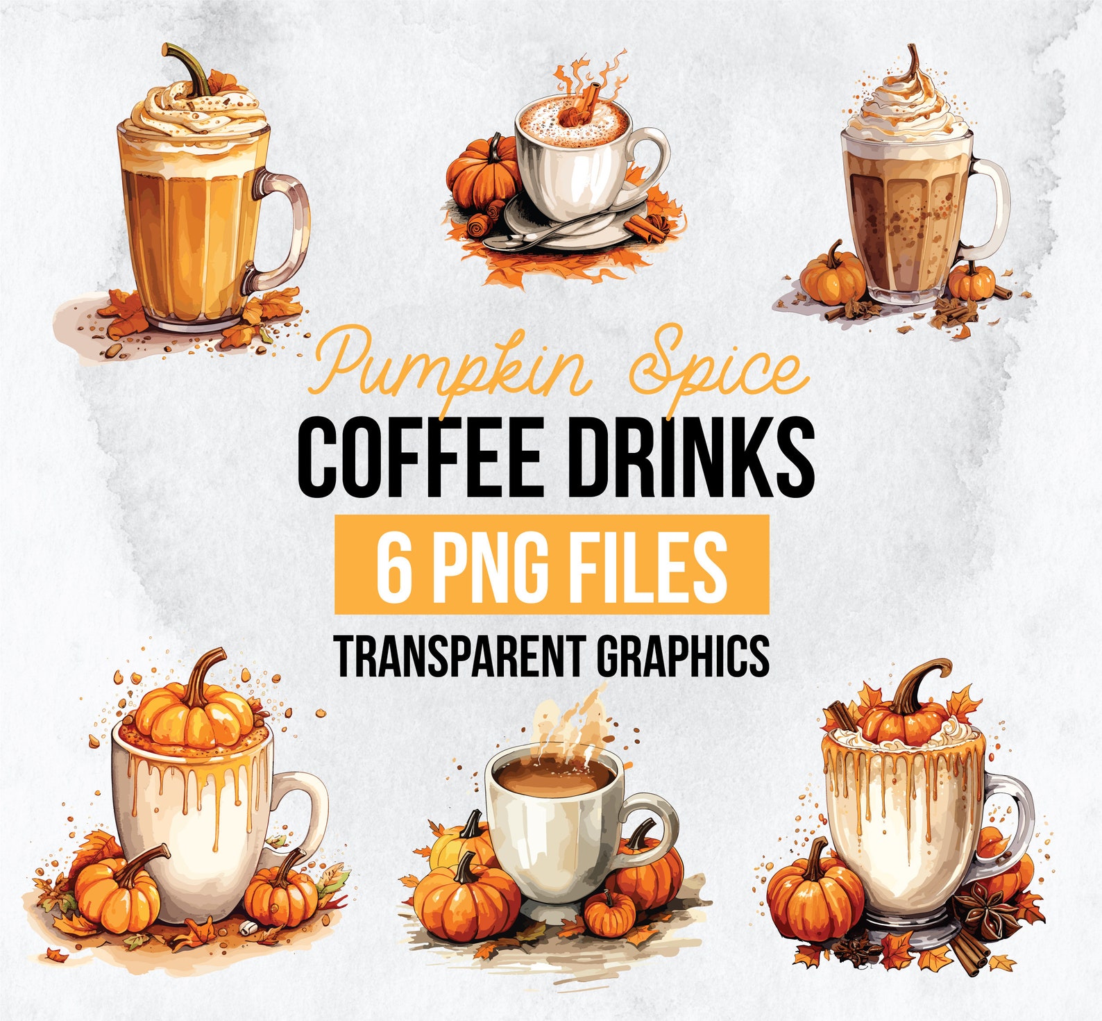 Pumpkin Spice Coffee Clipart Pack, Transparent Background, Watercolor ...