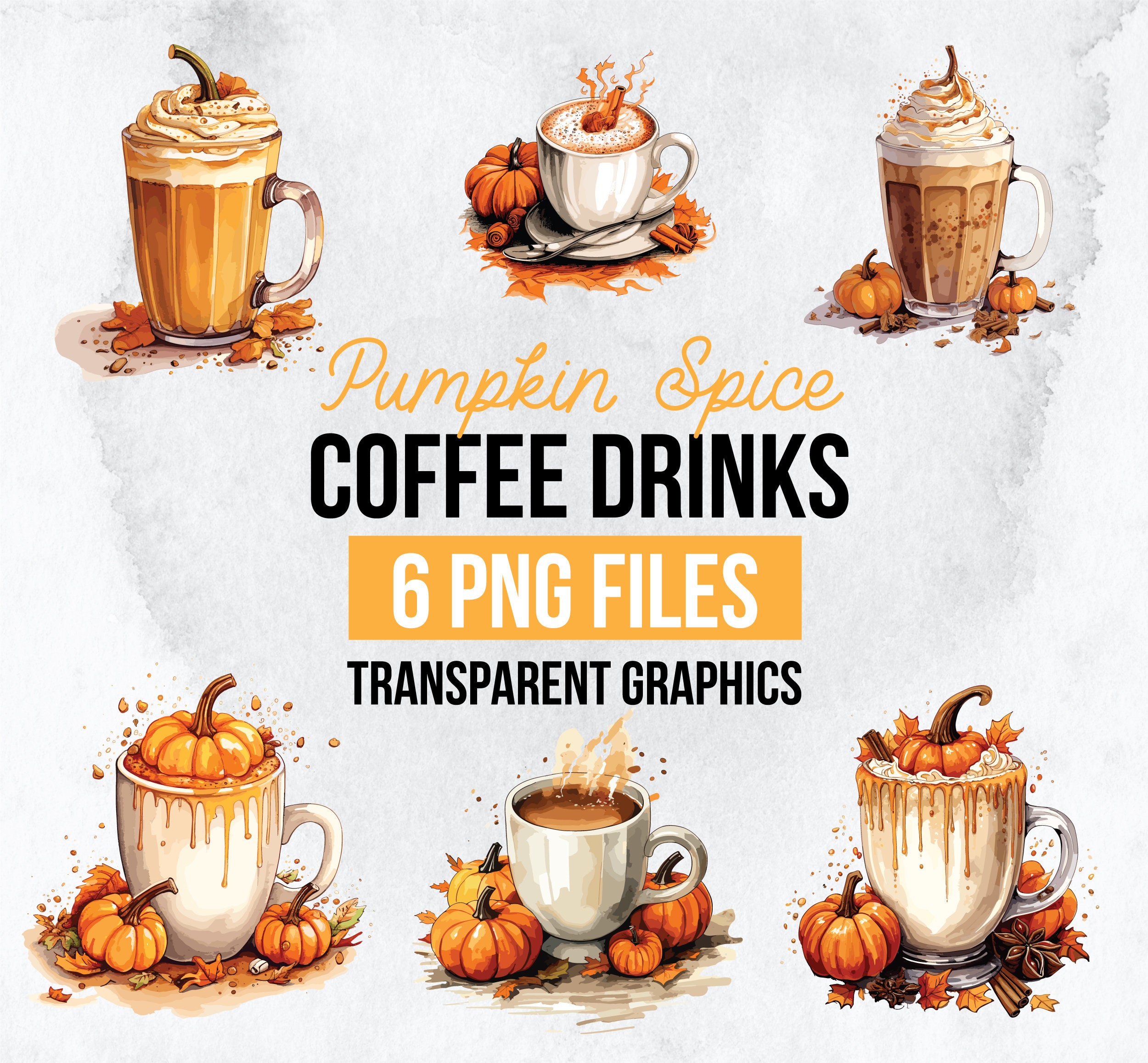 Pumpkin Spice Coffee Clipart Pack, Transparent Background, Watercolor ...