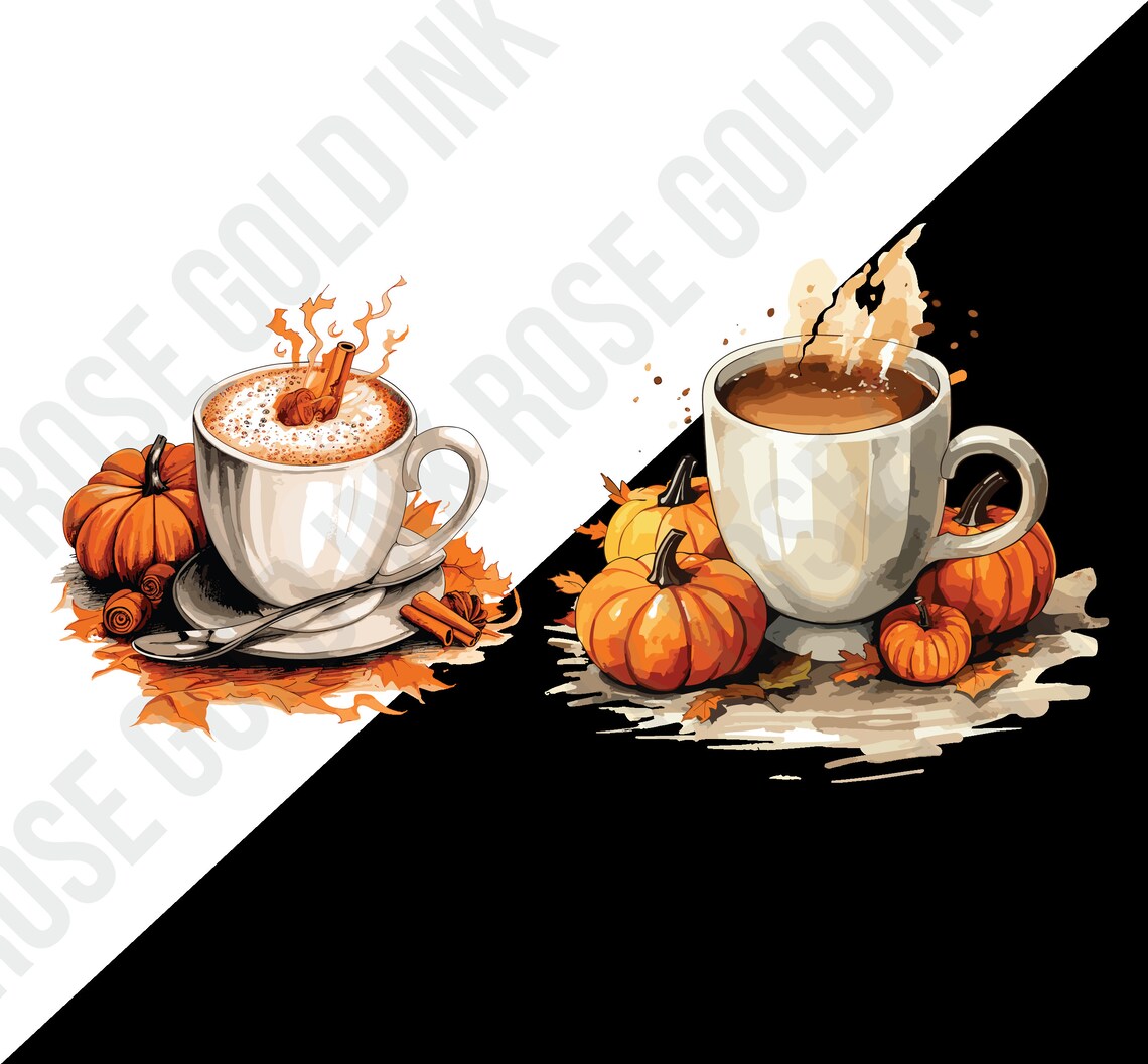 Pumpkin Spice Coffee Clipart Pack, Transparent Background, Watercolor ...