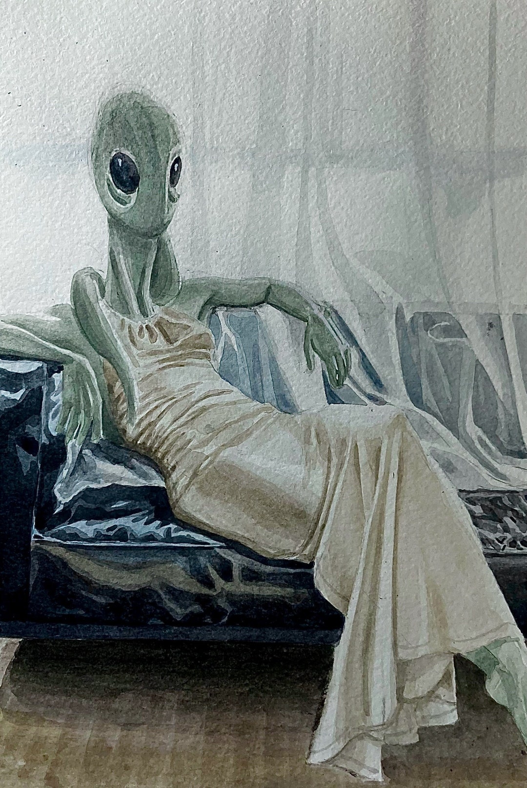Alien on Couch Laminated Watercolor Print - Etsy
