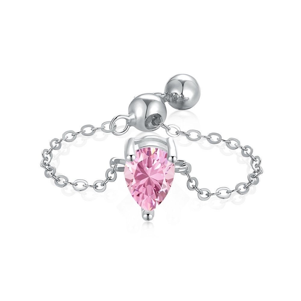 925 Sterling Silver Adjustable Chain Ring With Cubic Zirconia, Elegant ...
