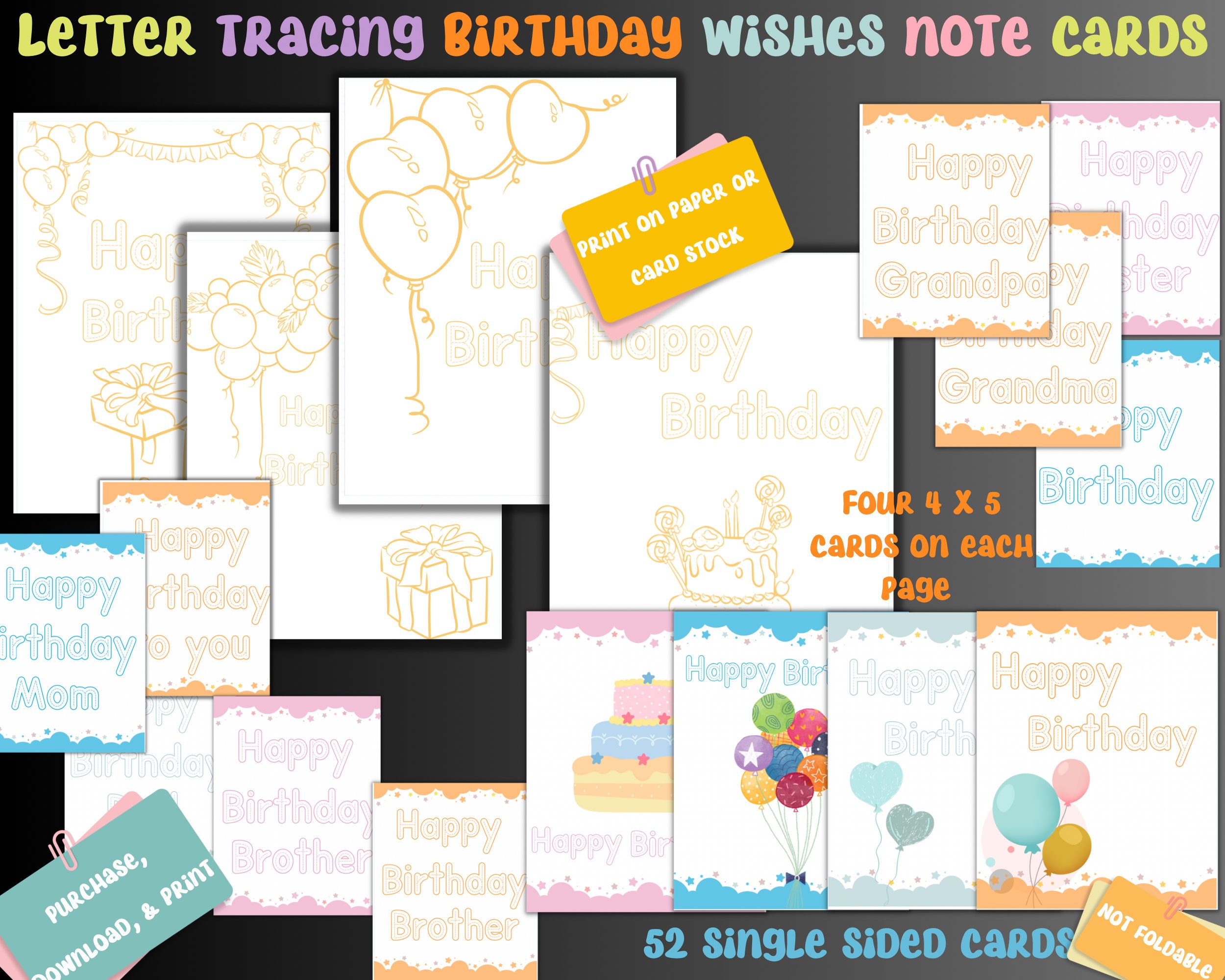 Letter Tracing Birthday Flash Cards in Four Colors Toddlers Learning ...