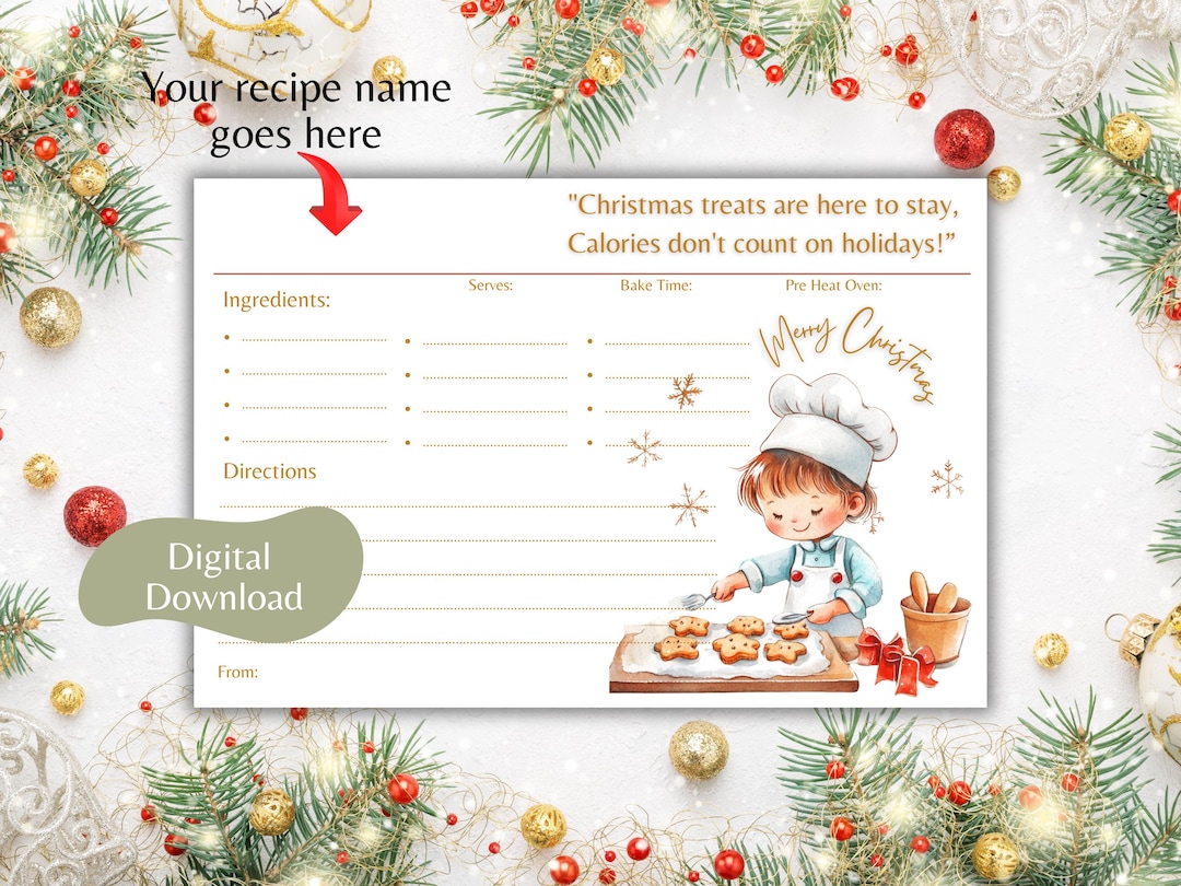 Printable Holiday Recipe Cards Instant Downloadable Cards Bakers Gift ...