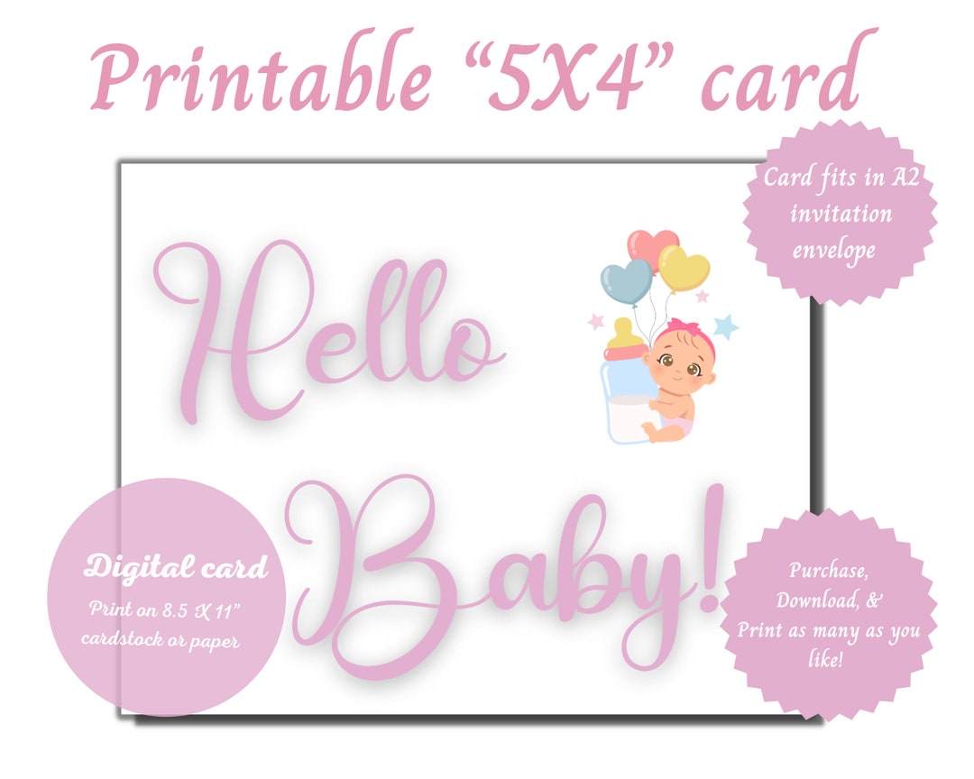 Printable Hello Baby Card Pink and White Balloon Card Instant Download ...