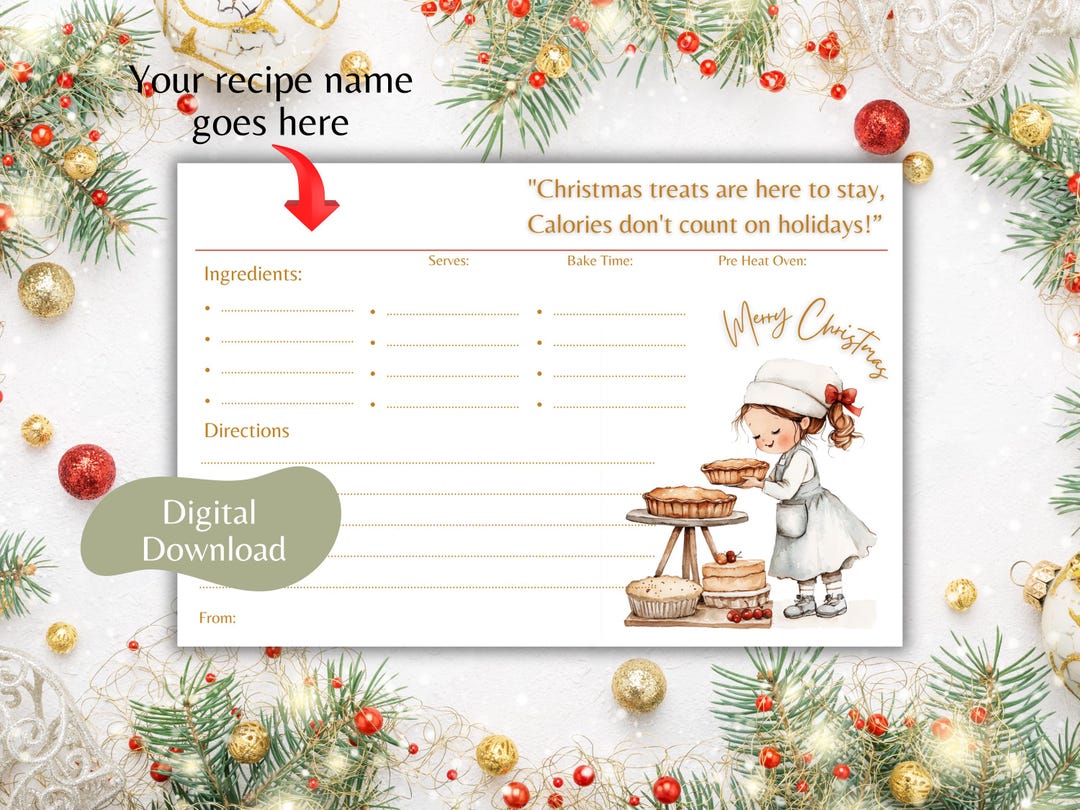 Holiday Blank Recipe Printable Cards Instant Downloadable Cards Bakers ...