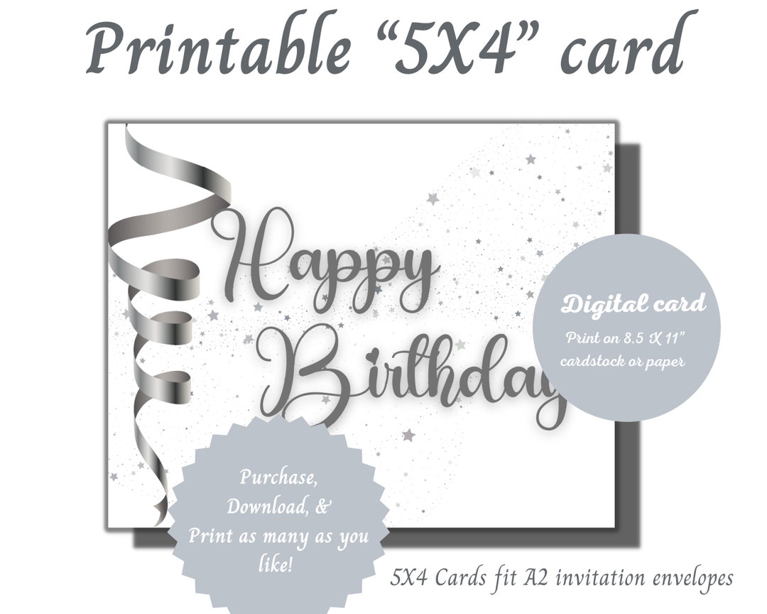 Printable Happy Birthday Card Gray Silver White Card Instant Download ...
