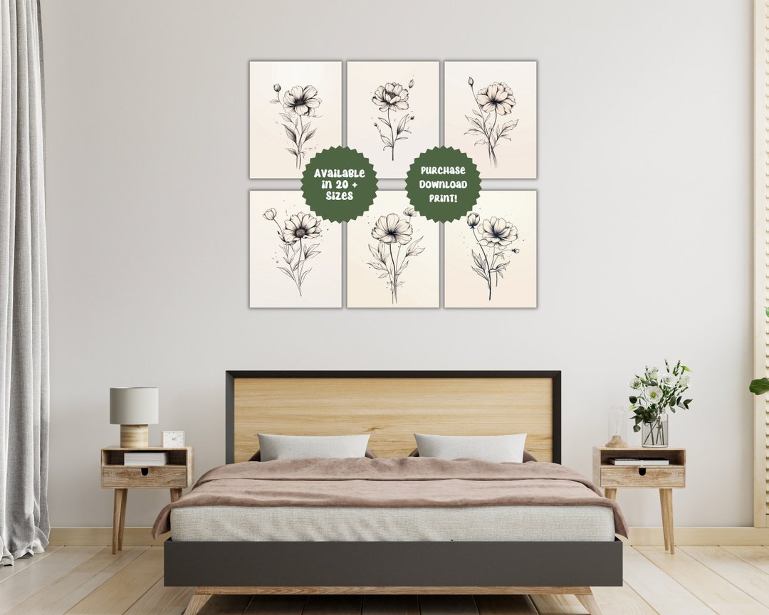 Instant Downloadable Flower Line Art Poster Set of 6 Prints for Living ...