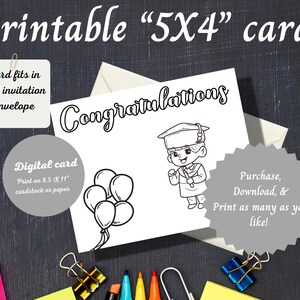 Printable Kids Coloring Card Instant Download Graduation Black White ...
