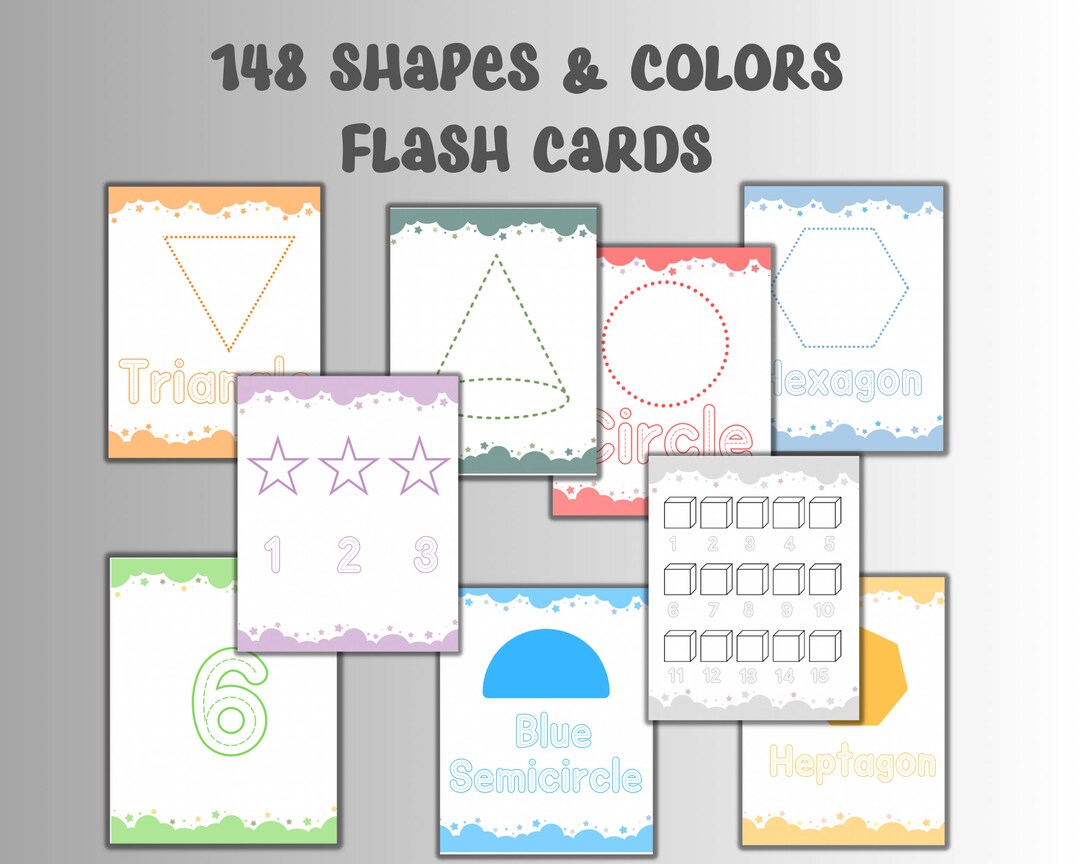Shapes and Colors 148 Educational Flash Cards in Letter Tracing Font ...