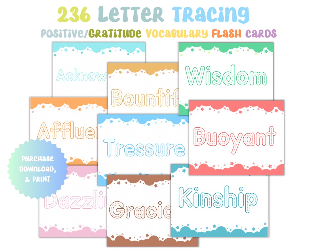 236 Positive Words Letter Tracing Flash Cards Pre K Kindergarten ...