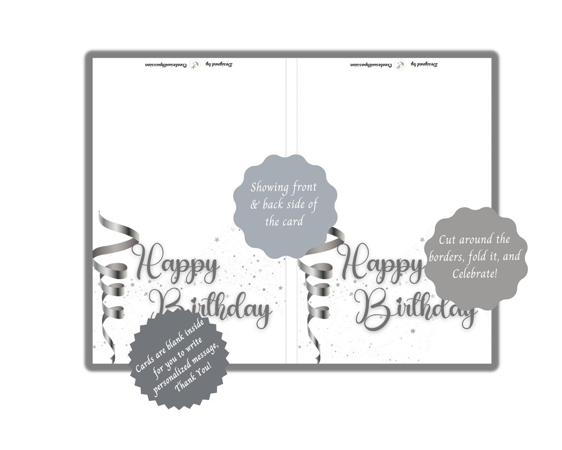 Printable Happy Birthday Card Gray Silver White Card Instant Download ...