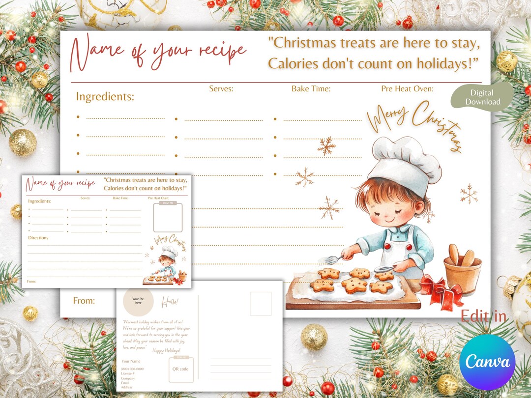 Editable Printable Holiday Recipe Cards Instant Downloadable Cards ...