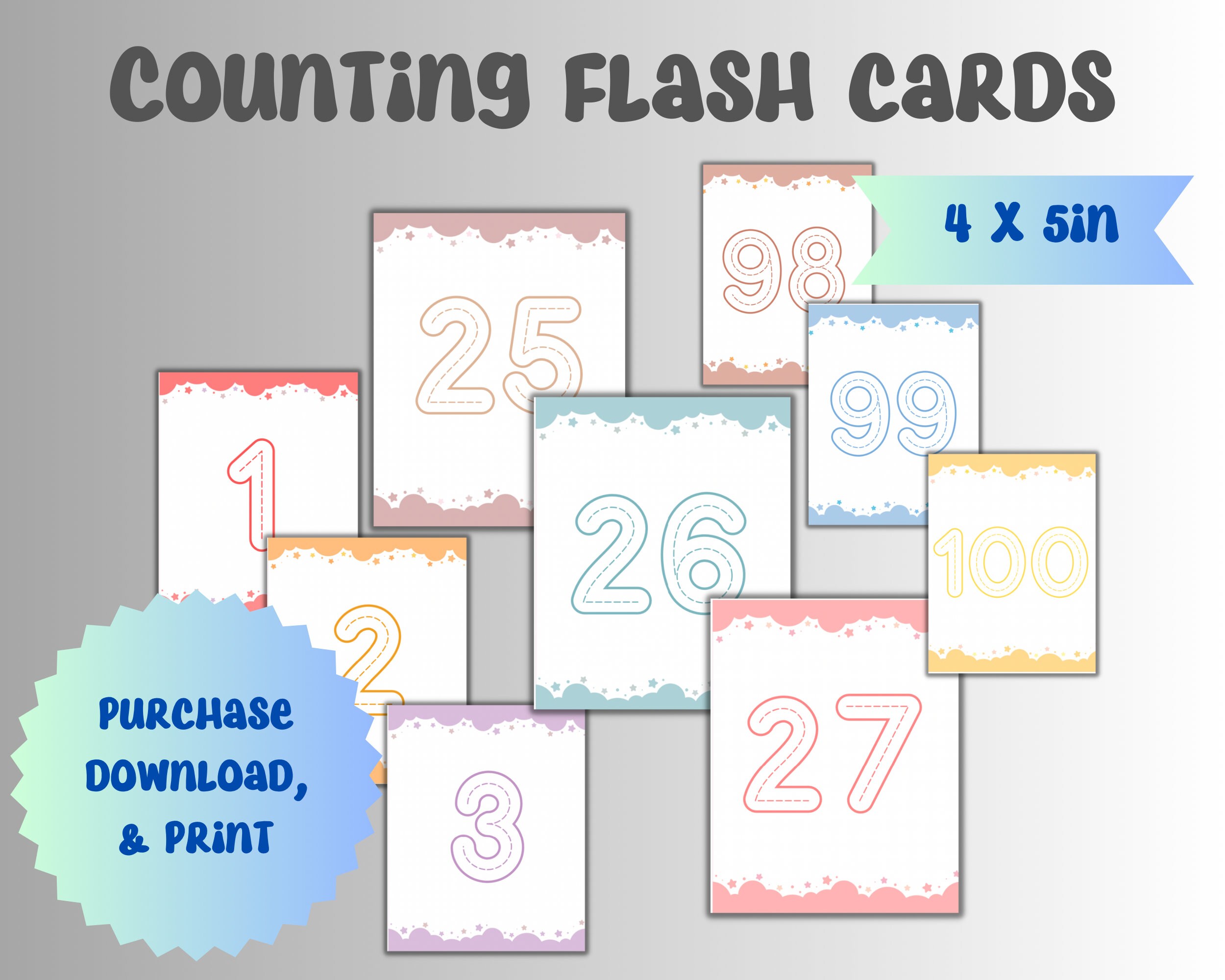 Counting From 1 to 100 Flash Cards in Letter Tracing Font Good for ...
