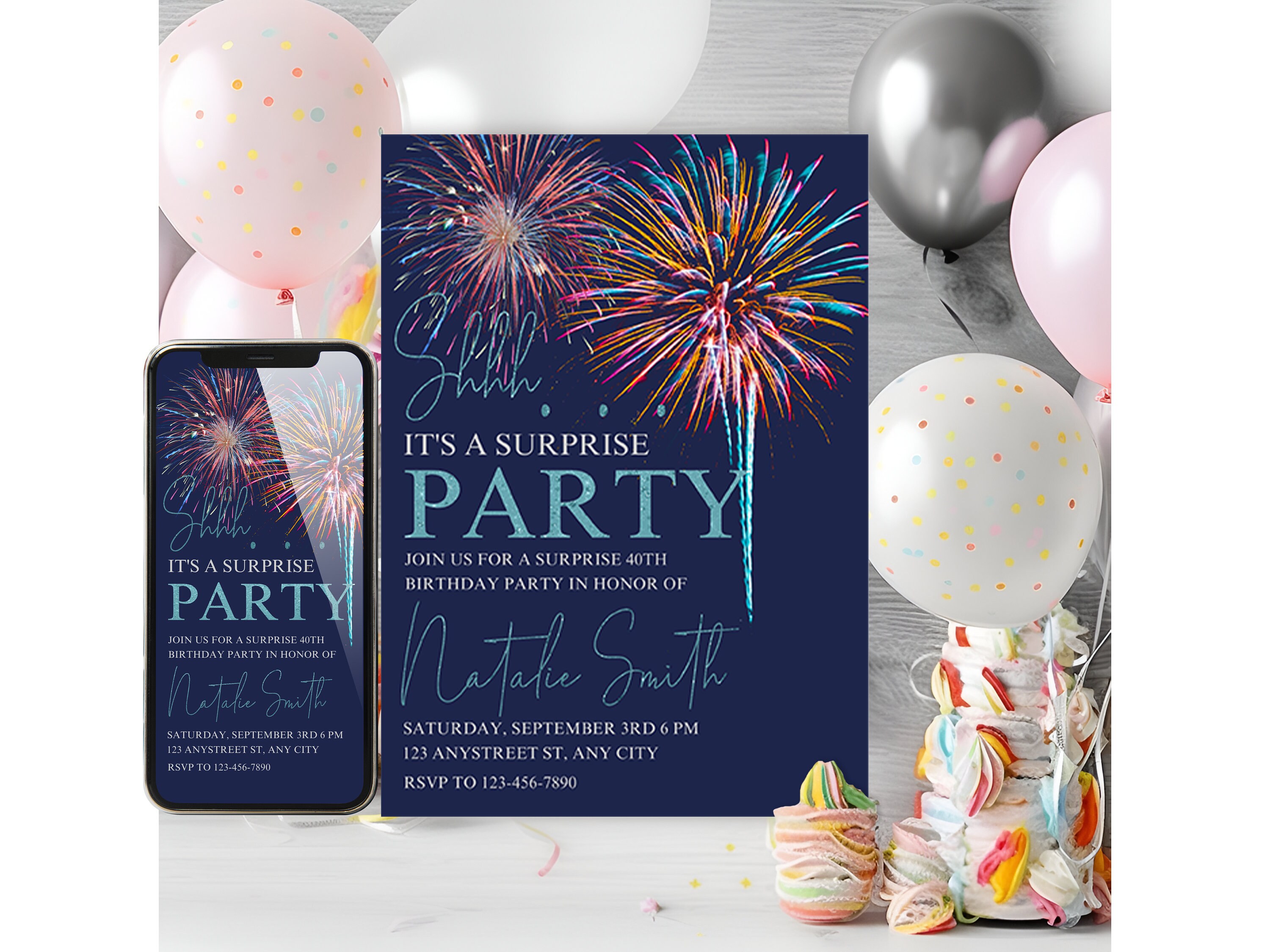 Editable Colorful Fireworks Surprise Party Birthday Invitation - Etsy