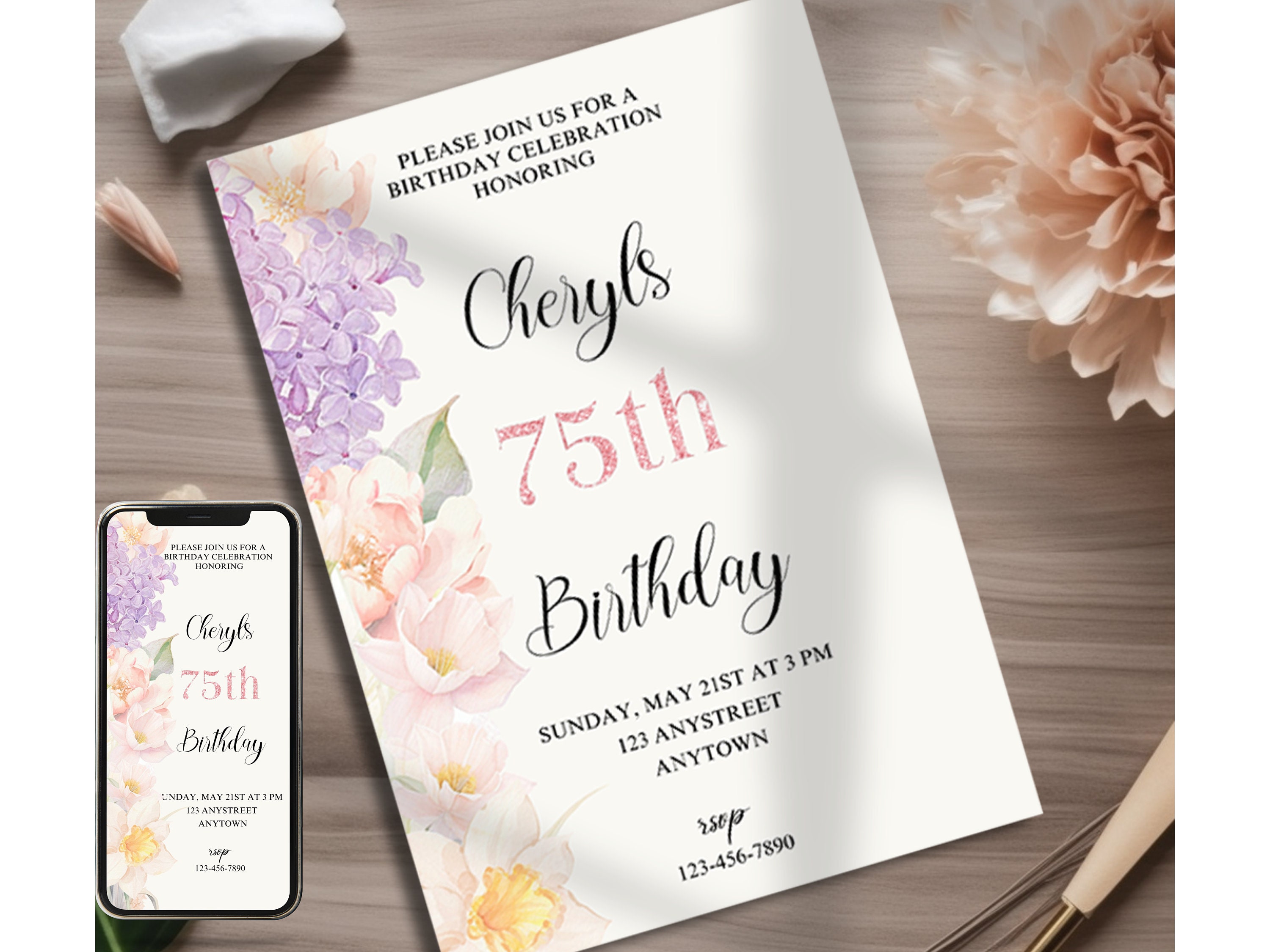 Editable Women's Spring Birthday Invitation Template With Matching ...