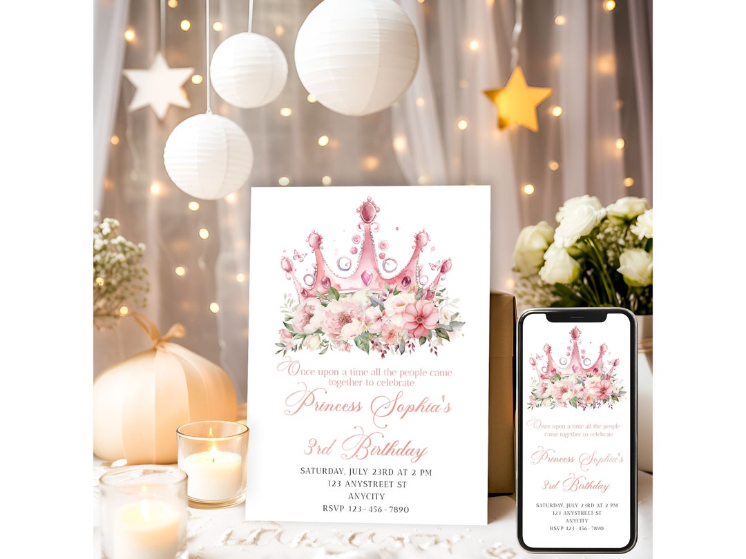 Editable Princess Crown Birthday Invitation Template With Matching ...