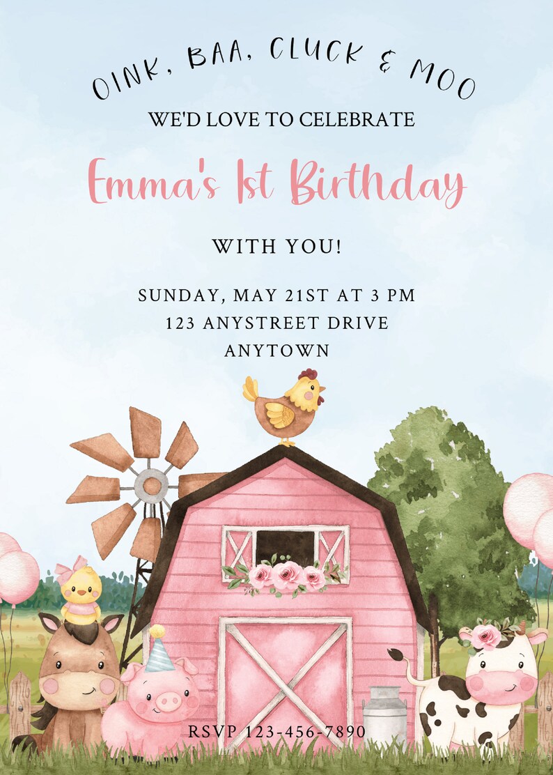 Editable Pink Birthday Farm Friends Invitation Template With Matching ...