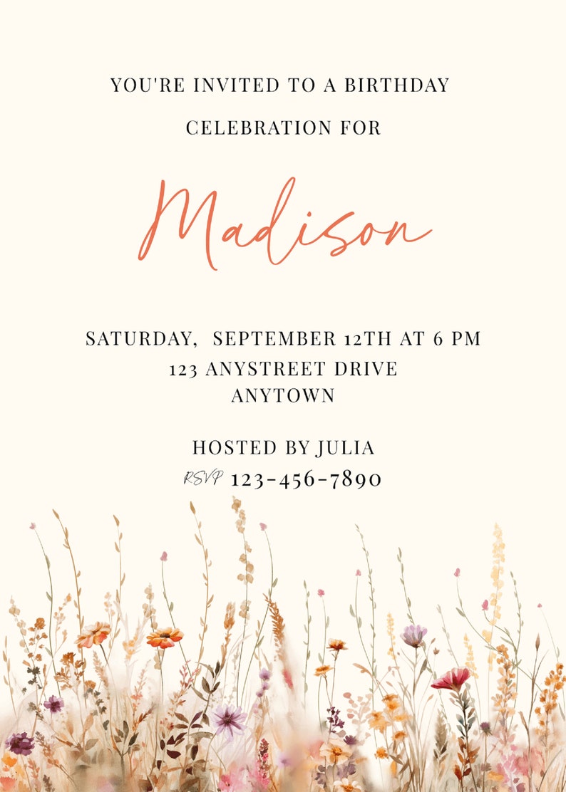 Editable Wildflower Invitation Template With Electronic - Etsy