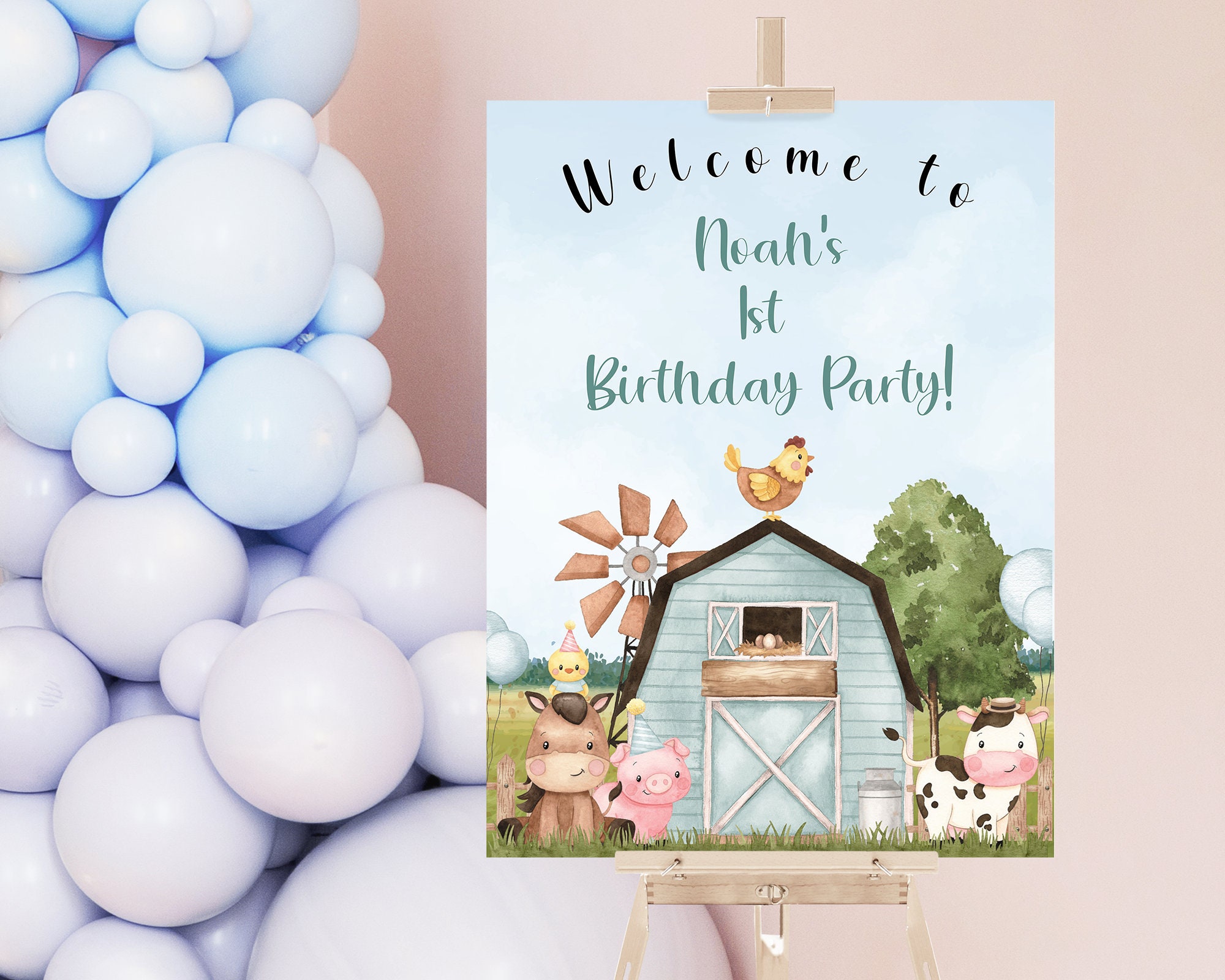 Editable Blue Farm Friends Birthday Welcome Sign Template for Boy ...