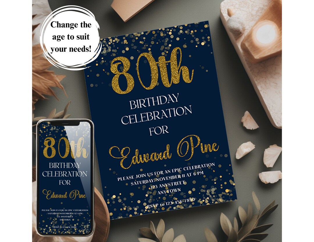 Editable 80th Birthday Invitation Template With Matching - Etsy