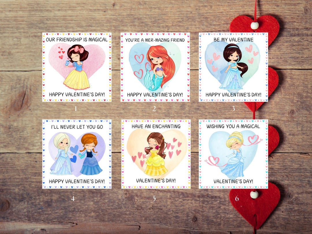 Printed Princess Valentine's Day Cards: Set of 6 Double-sided Classroom ...