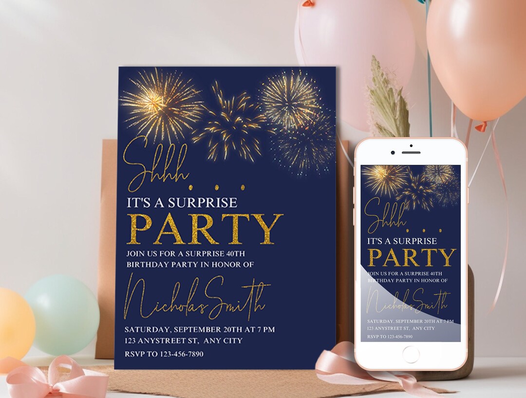 Editable Fireworks Surprise Party Birthday Party Invitation Template ...